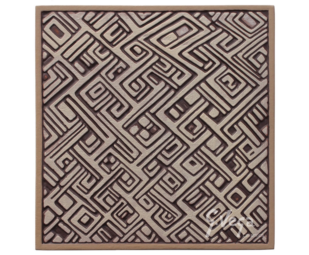 Ceramic Tile With African Design Glazed in Neutral Tones, Decorative ...