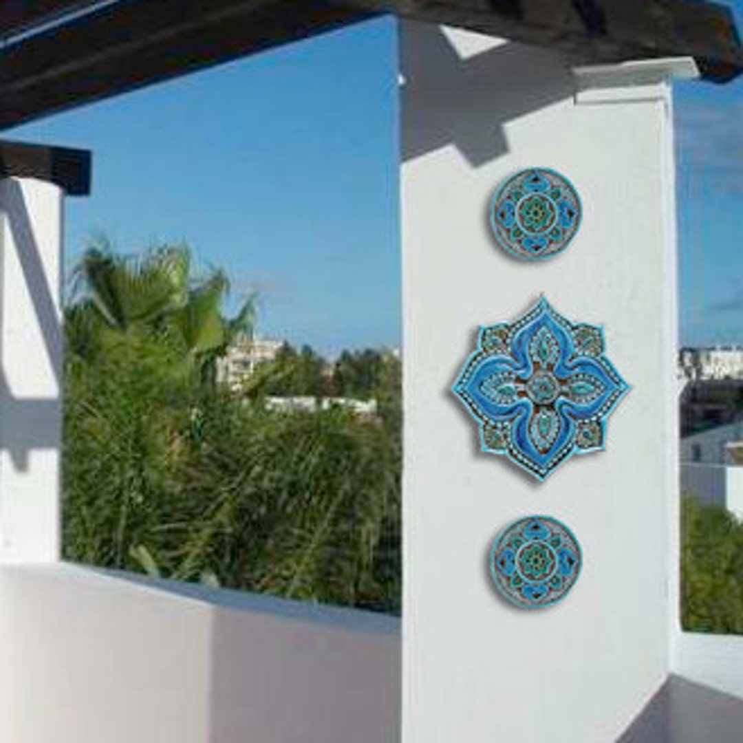 Garden Decor With Mandala Design, Outdoor Wall Art Set of 3 Ceramic ...