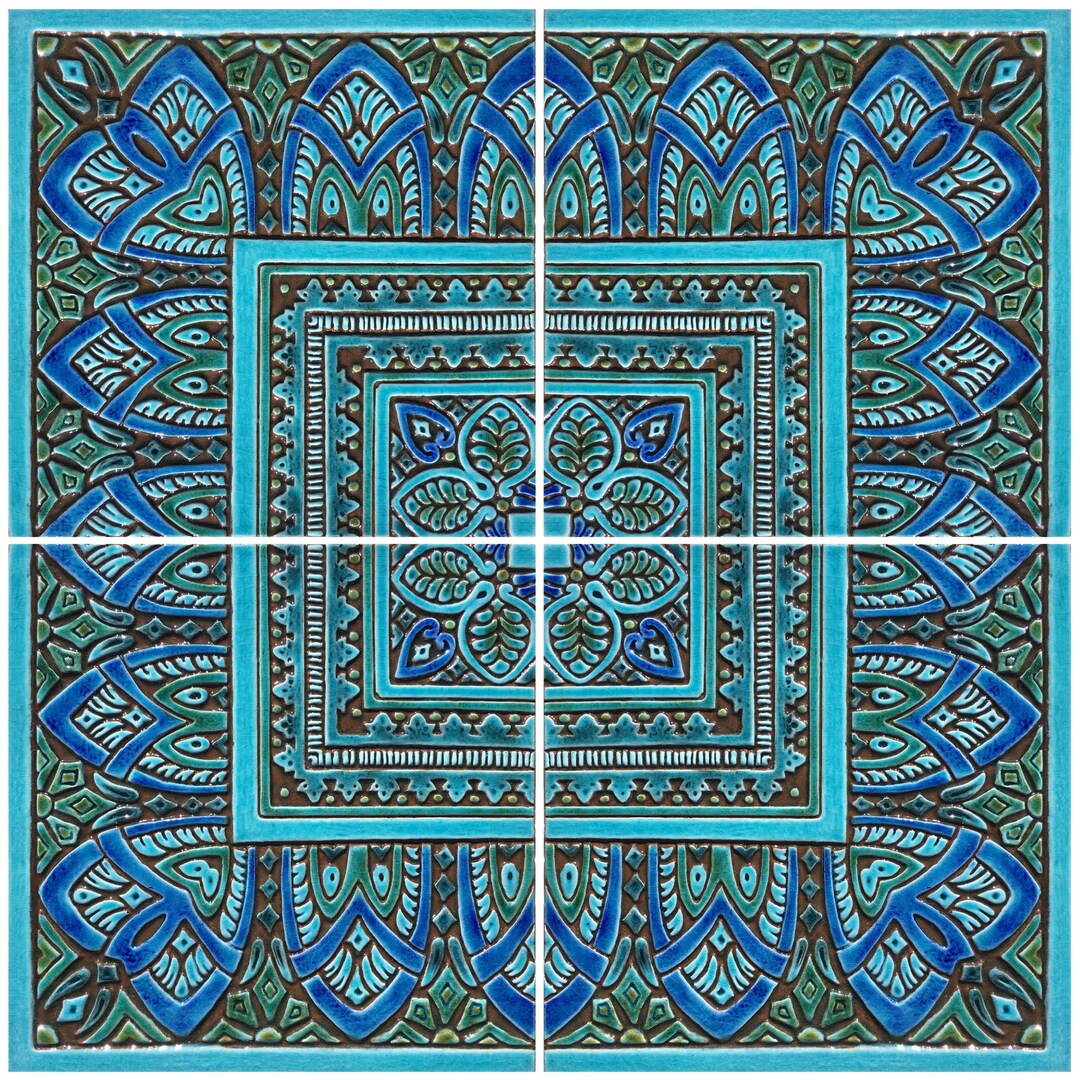 4 Large Decorative Tiles With Tapestry Design, Tile Art, Ceramic Garden ...