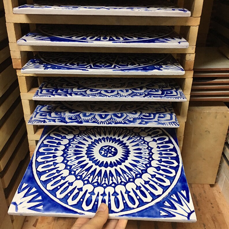 Handmade Ceramic Mandala Tile: Blue & White Relief Carving (30cm) - Etsy