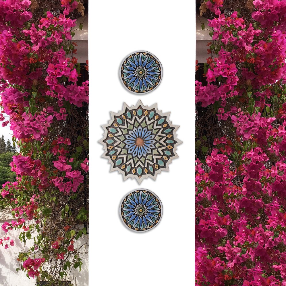 Set 35 ceramic tile hand painted in matt blue circles wall | Etsy