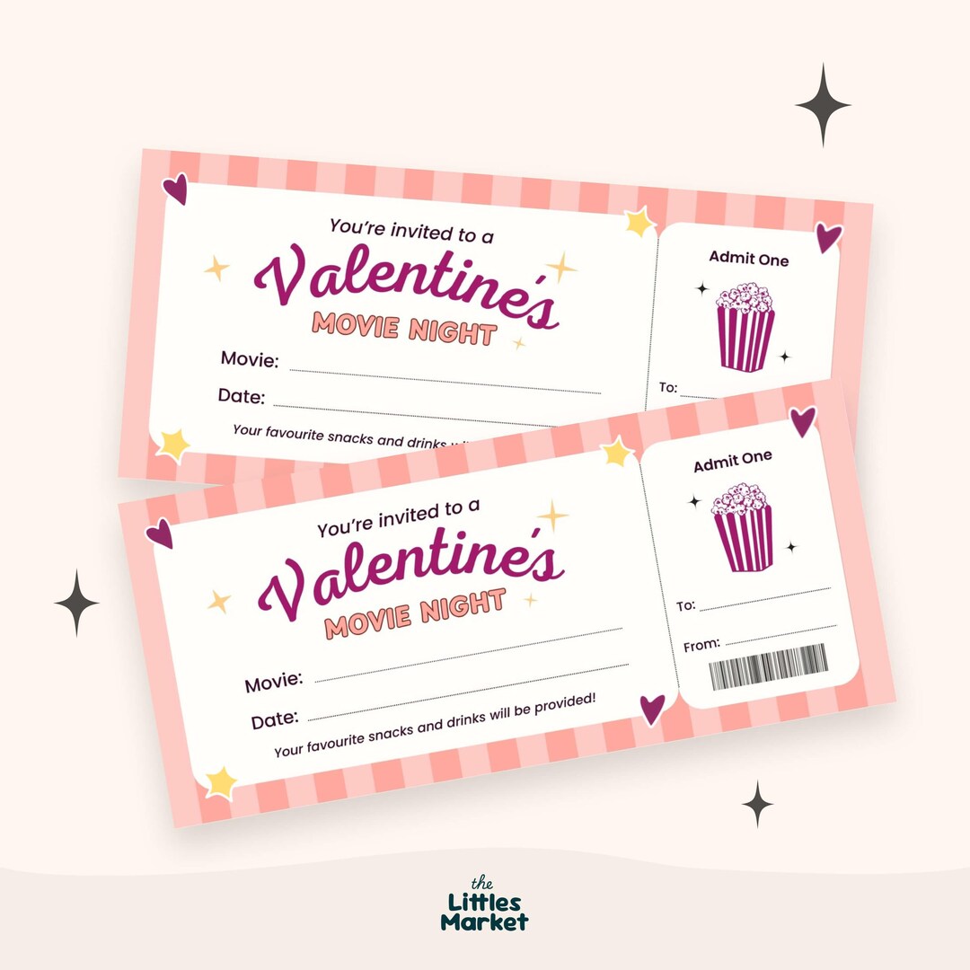 Printable Valentine's Movie Night Ticket – Kids Gift, Retro Pink (PDF ...