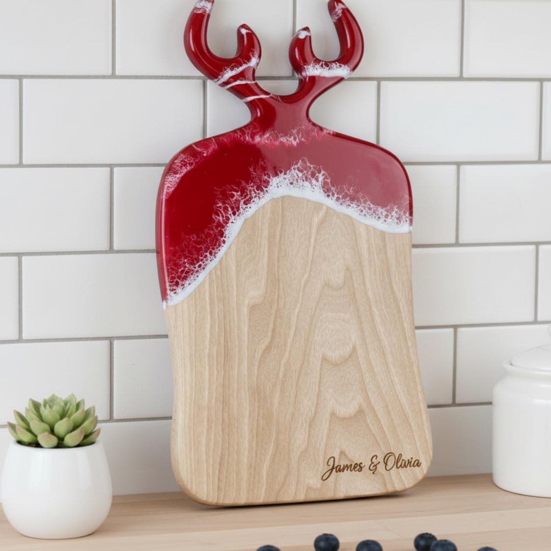 Handmade Reindeer Tray: Red Epoxy Charcuterie Board, Wood Serving Tray ...