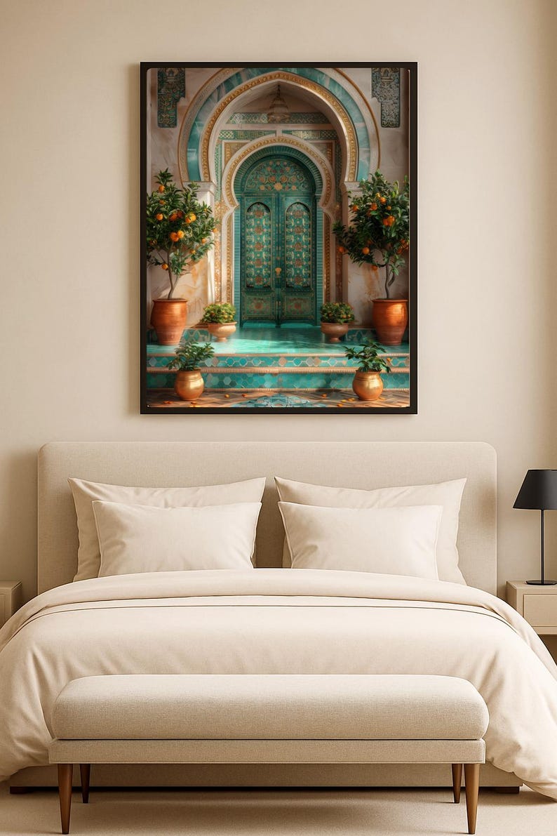 Moroccan Patio Printable Wall Art – Turquoise Door & Orange Trees ...