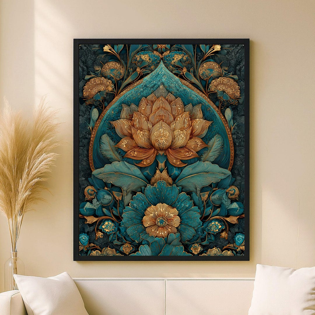 Golden Turquoise Lotus Tezhip Printable Wall Art – Islamic Persian ...