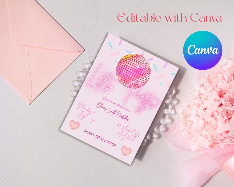 Pink Disco Birthday Invitation: Editable Party Invite, Canva Template ...
