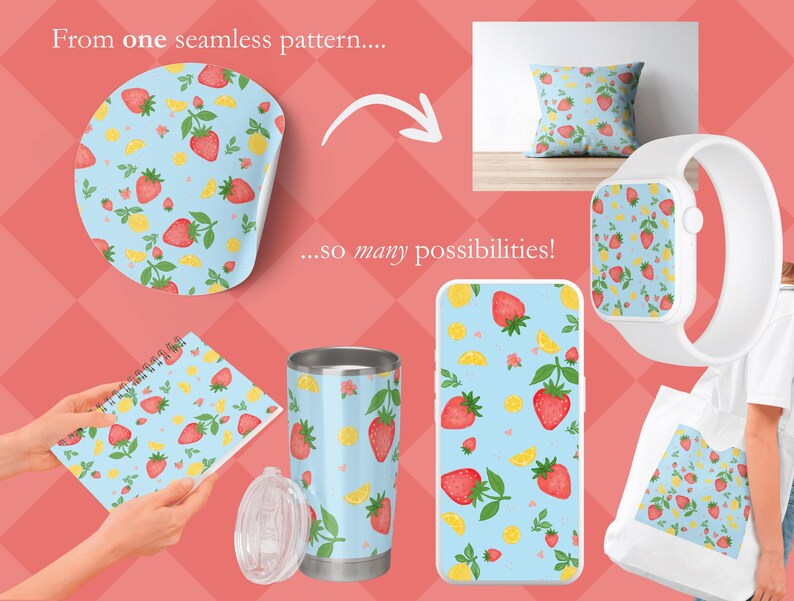 Strawberry Lemon Seamless Pattern Bundle | Pink Fruit Cottagecore ...