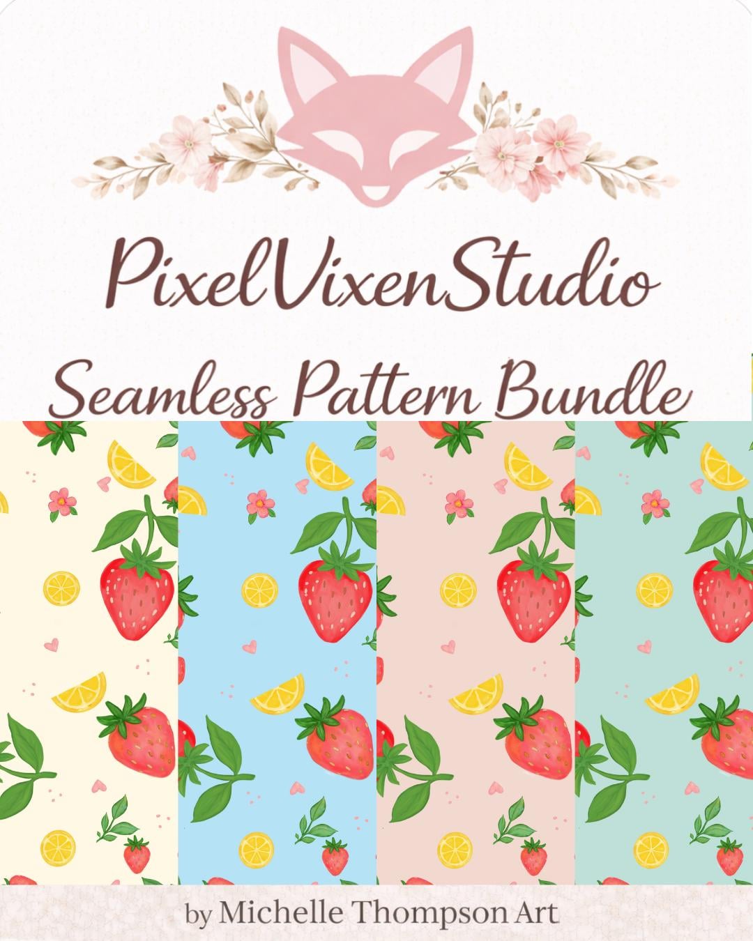 Strawberry Lemon Seamless Pattern Bundle | Pink Fruit Cottagecore ...