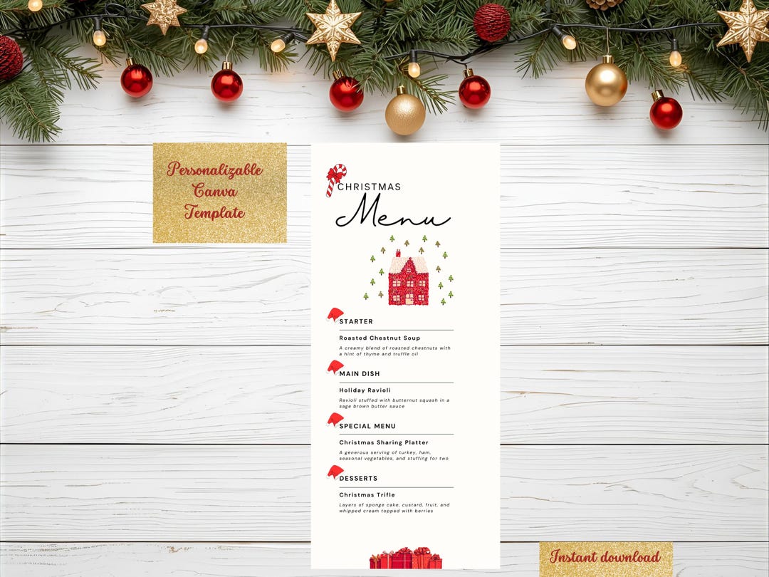 Digital Printable Christmas Menu Card With Christmas Cottage, Editable ...