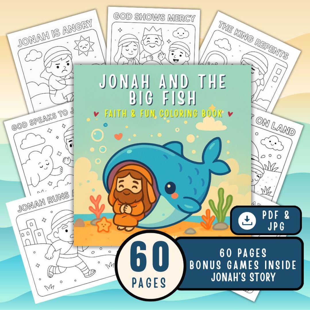 Jonah and the Big Fish Coloring Book | Kawaii Bible Story (PDF + JPG ...