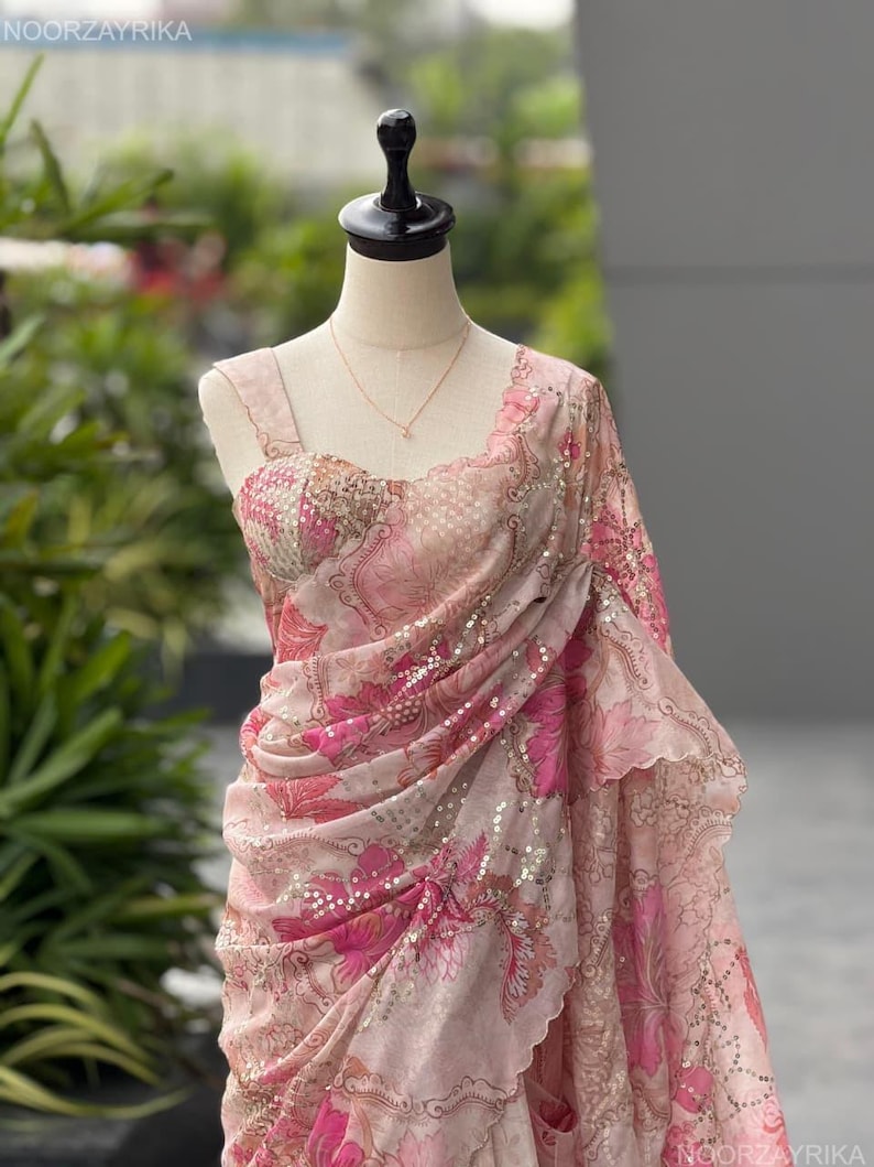 Sequined Organza Saree: Digital Print, Unstitched Blouse - Etsy