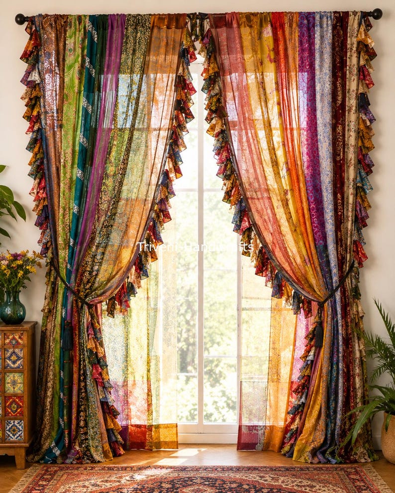 Boho Sheer Curtains Vintage Silk Sari Patchwork Panel Colorful Window ...