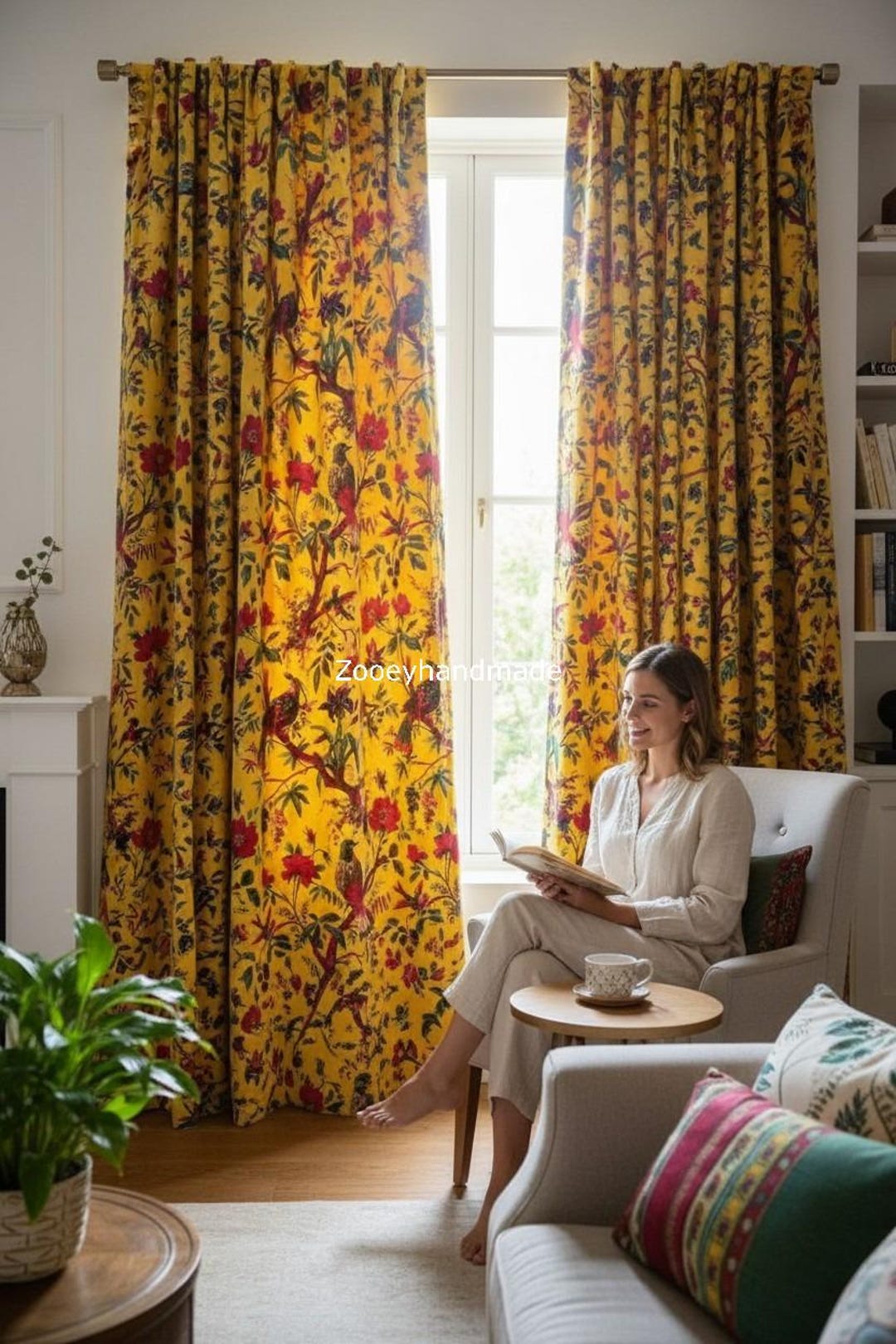 Cotton Velvet Bird Print Curtain: Yellow Boho Drapes, Luxury Panels - Etsy