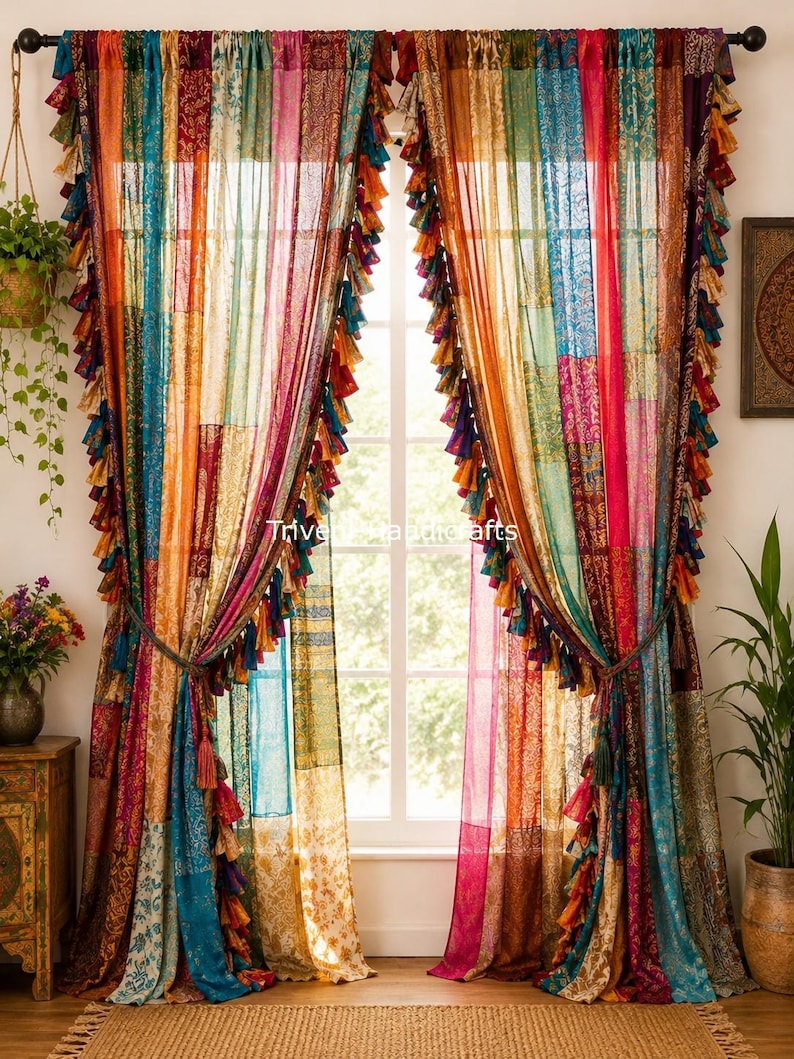 Boho Sheer Curtains Vintage Silk Sari Patchwork Panel Colorful Window ...