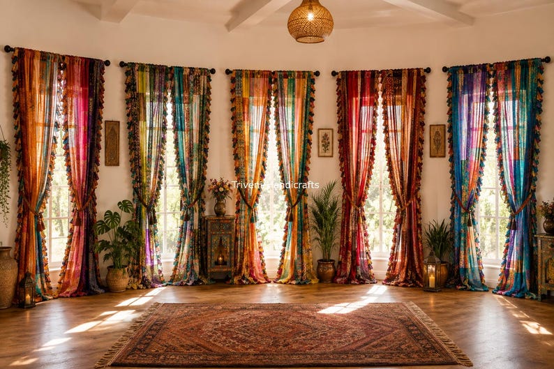 Boho Sheer Curtains Vintage Silk Sari Patchwork Panel Colorful Window ...