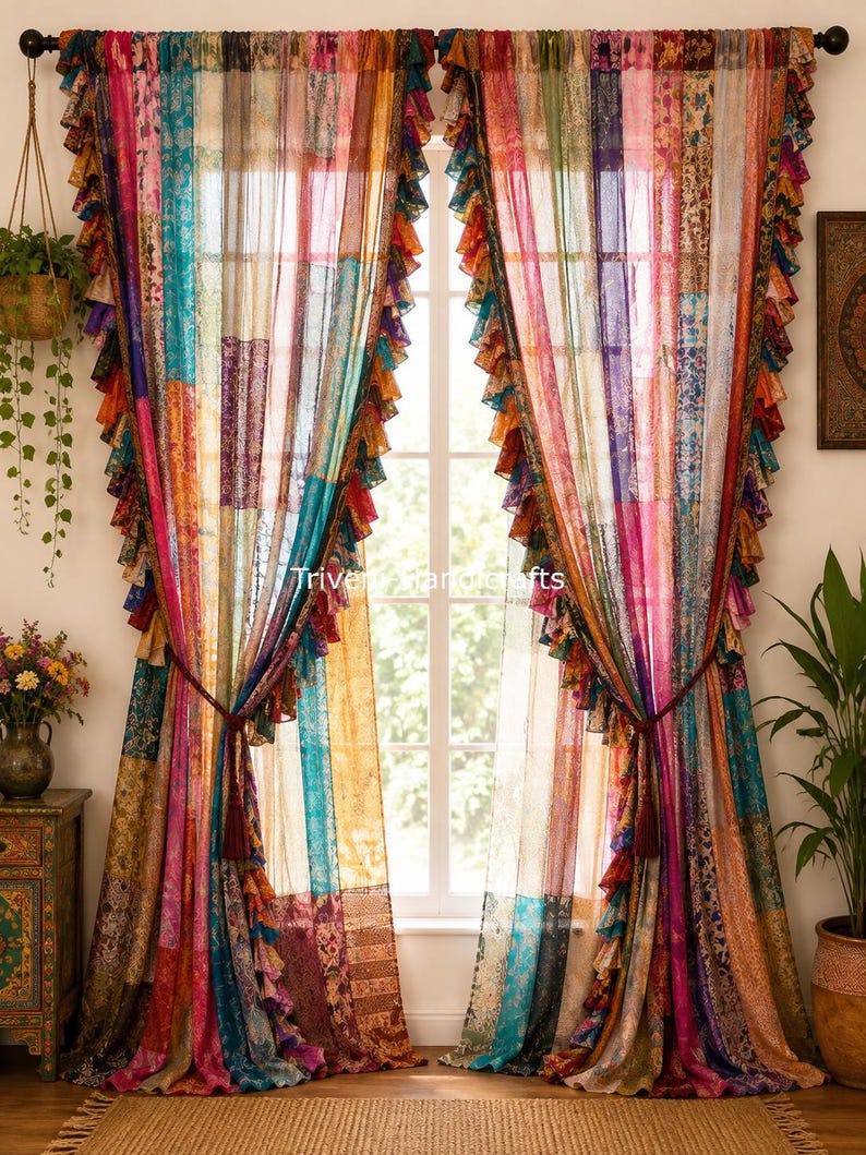 Boho Sheer Curtains Vintage Silk Sari Patchwork Panel Colorful Window ...