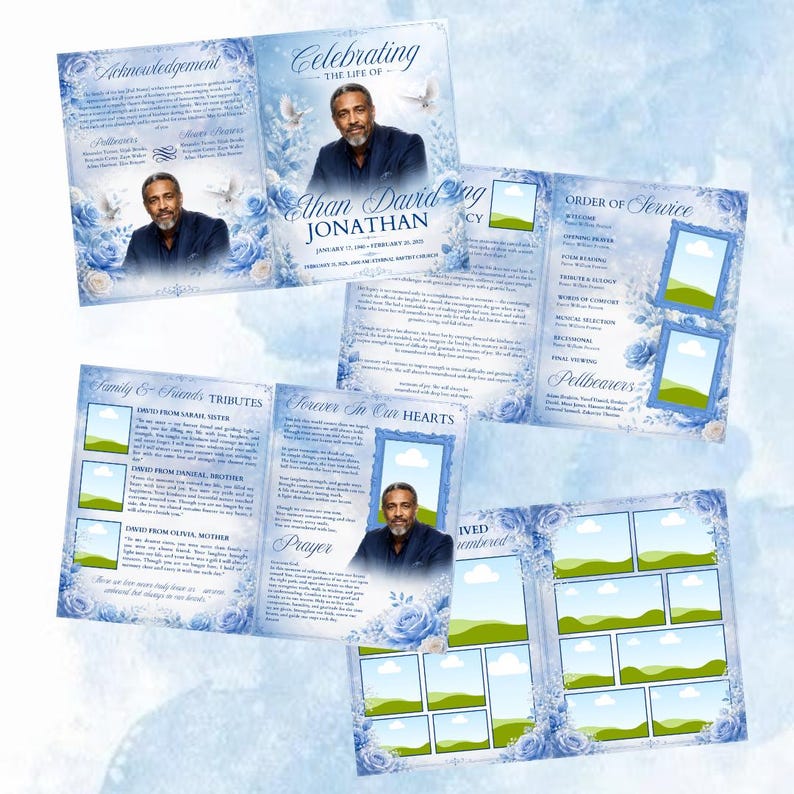 Sky Blue & White Roses Funeral Program Template: 8-page Memorial (canva ...