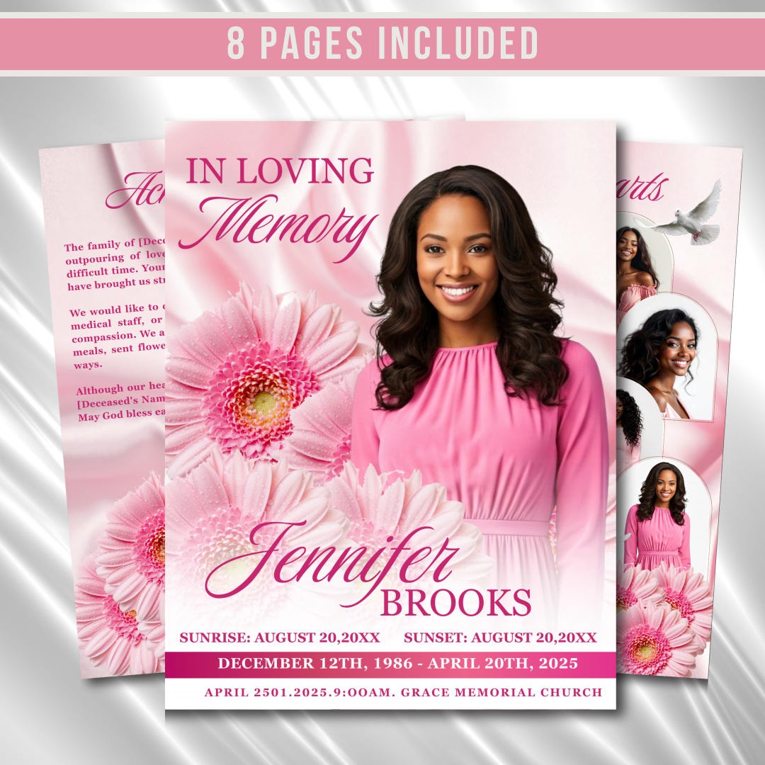 Pink Roses Funeral Program Template: 8-page Memorial (canva PDF) - Etsy