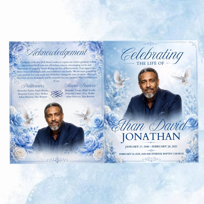 Sky Blue & White Roses Funeral Program Template: 8-page Memorial (canva ...
