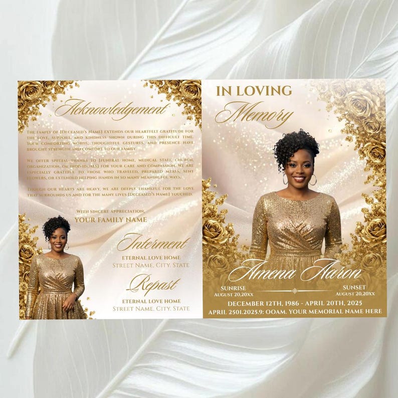 White & Gold Roses Funeral Program Template: 8-page Memorial (canva PDF ...
