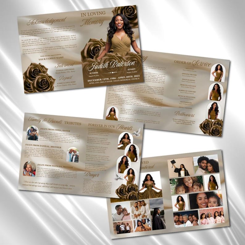 Royal Brown Roses Funeral Program Template: 8-page Memorial (canva PDF ...