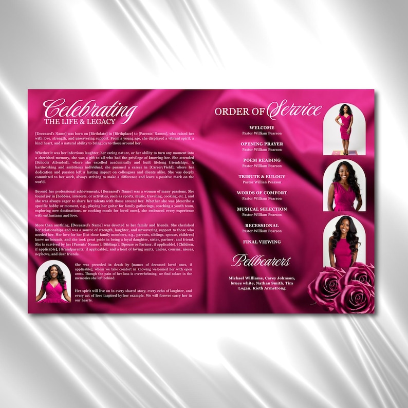 Pink Roses Funeral Program Template: 8-page Memorial (canva PDF) - Etsy