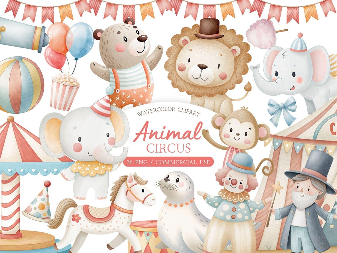 Watercolor Circus Clipart Bundle – Carnival Animals and Tent ...