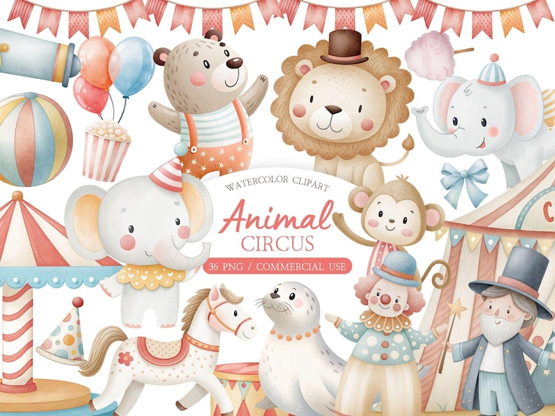 Watercolor Circus Clipart Bundle – Carnival Animals and Tent ...