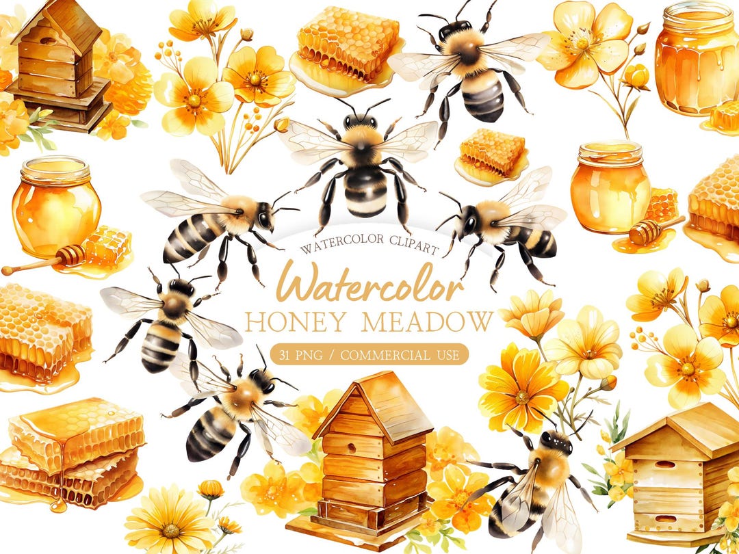 Watercolor Honey Bee Clipart Bundle – Floral Jar and Dipper Spoon ...