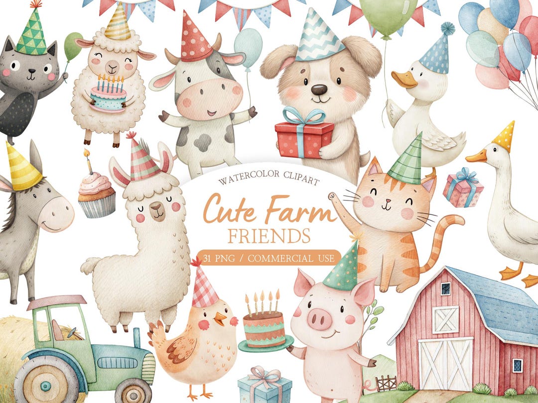 Farm Birthday Clipart Bundle: Cute Watercolor Barnyard Animals PNG ...