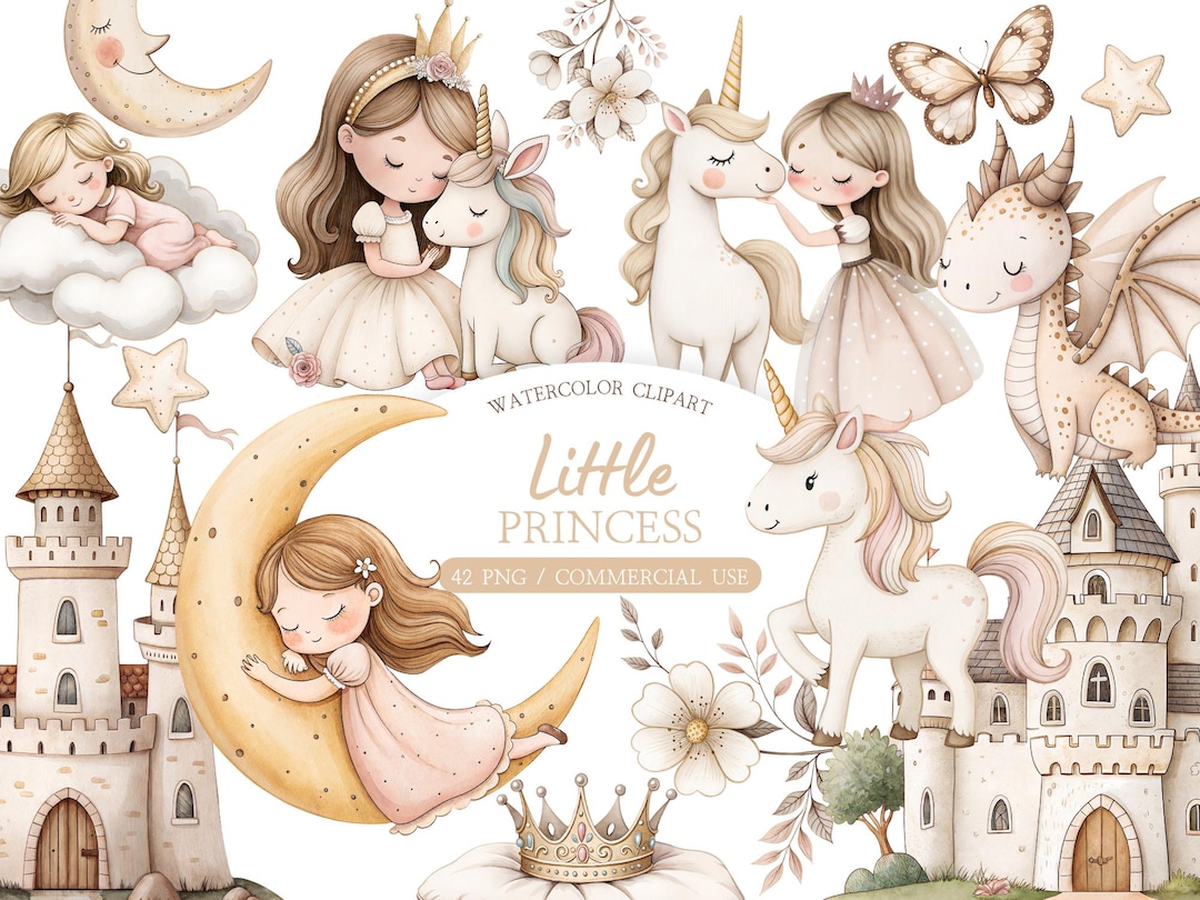 Boho Princess Clipart Set: Watercolor Castle, Unicorn and Fairytale ...