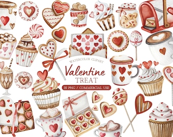 Watercolor Valentine Sweets Clipart – Red Popcorn Cake and Baking ...