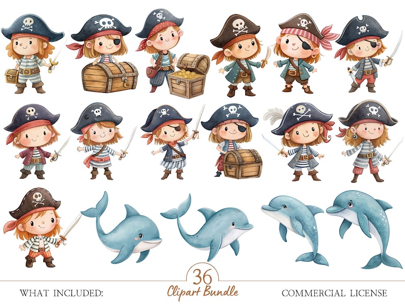 Watercolor Pirate Clipart Bundle – Treasure Chest and Island Adventure ...