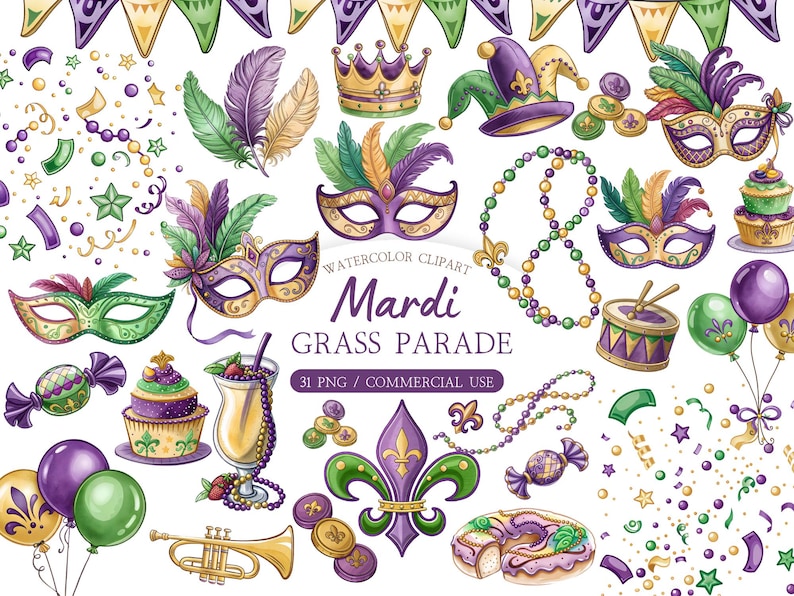 Watercolor Mardi Gras Clipart Bundle – Masquerade Mask and Beads ...