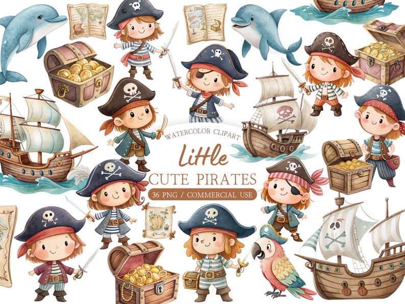 Watercolor Pirate Clipart Bundle – Treasure Chest and Island Adventure ...