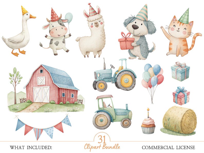 Farm Birthday Clipart Bundle: Cute Watercolor Barnyard Animals PNG ...