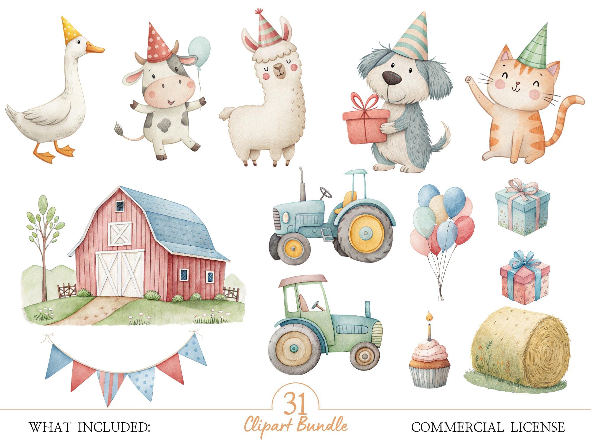 Farm Birthday Clipart Bundle: Cute Watercolor Barnyard Animals PNG ...