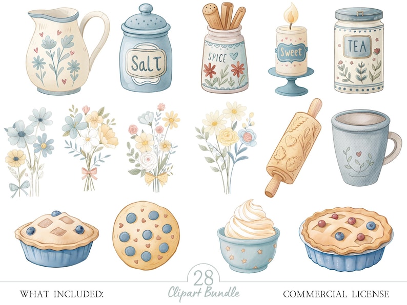 Watercolor Baking Clipart Bundle: Cute Vintage Bakery & Dessert PNG Set ...