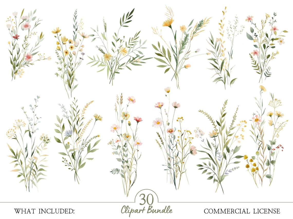 Watercolor Wildflower Clipart Bundle – Pastel Field Flowers and Frames ...