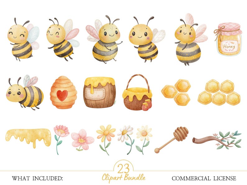 Bee Clipart Set: Watercolor Bumblebee, Honeycomb and Floral Elements ...
