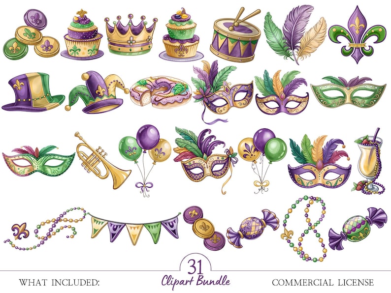 Watercolor Mardi Gras Clipart Bundle – Masquerade Mask and Beads ...