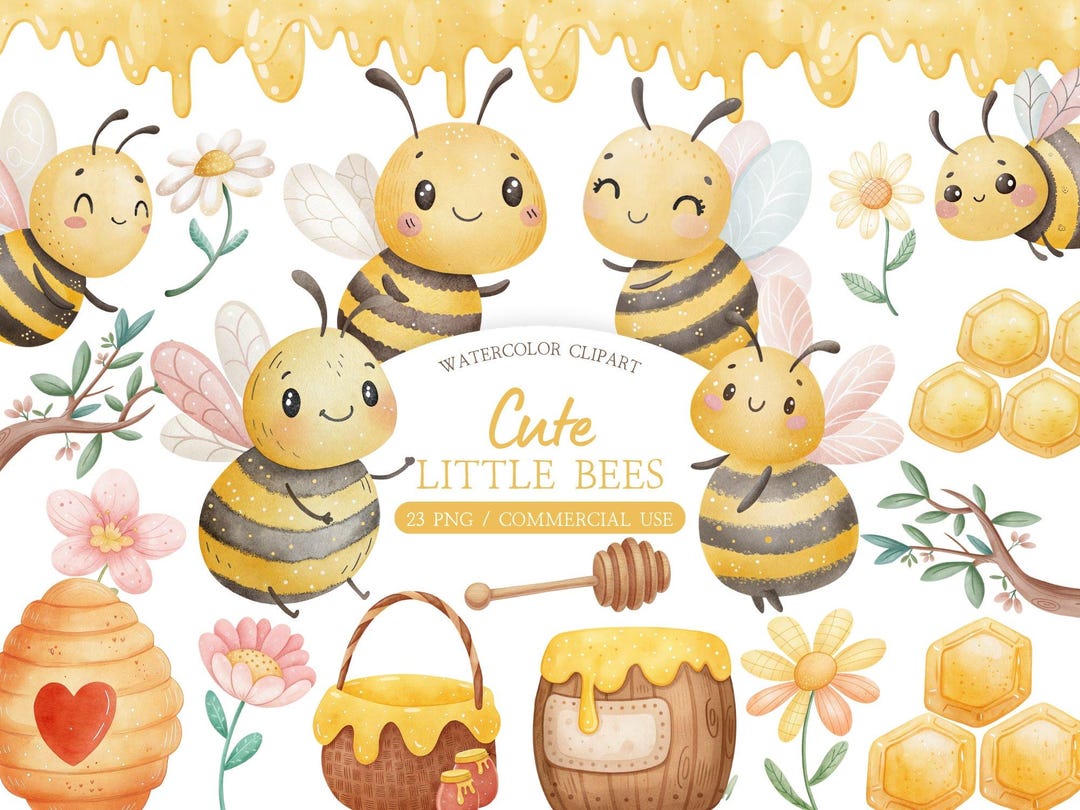 Bee Clipart Set: Watercolor Bumblebee, Honeycomb and Floral Elements ...