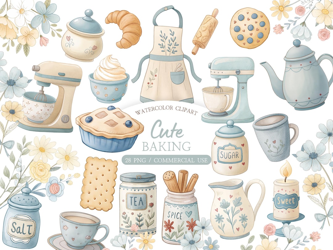 Watercolor Baking Clipart Bundle: Cute Vintage Bakery & Dessert PNG Set ...