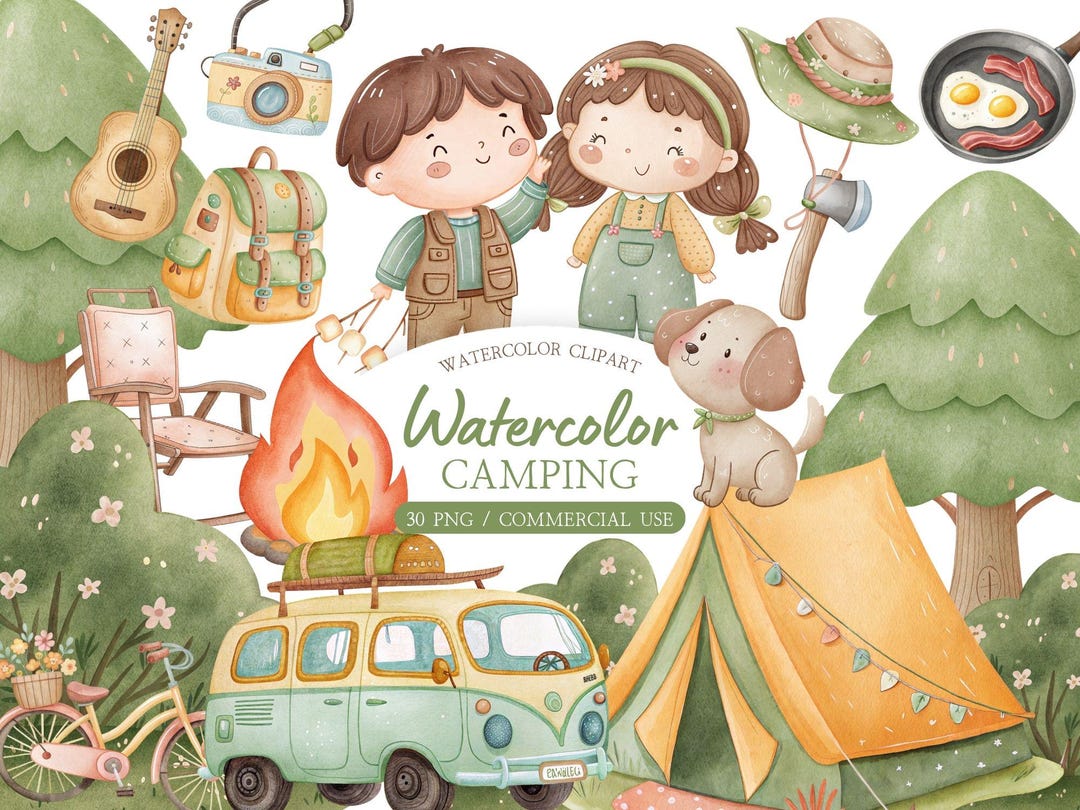Watercolor Camping Clipart Bundle – Woodland Animals and Forest ...