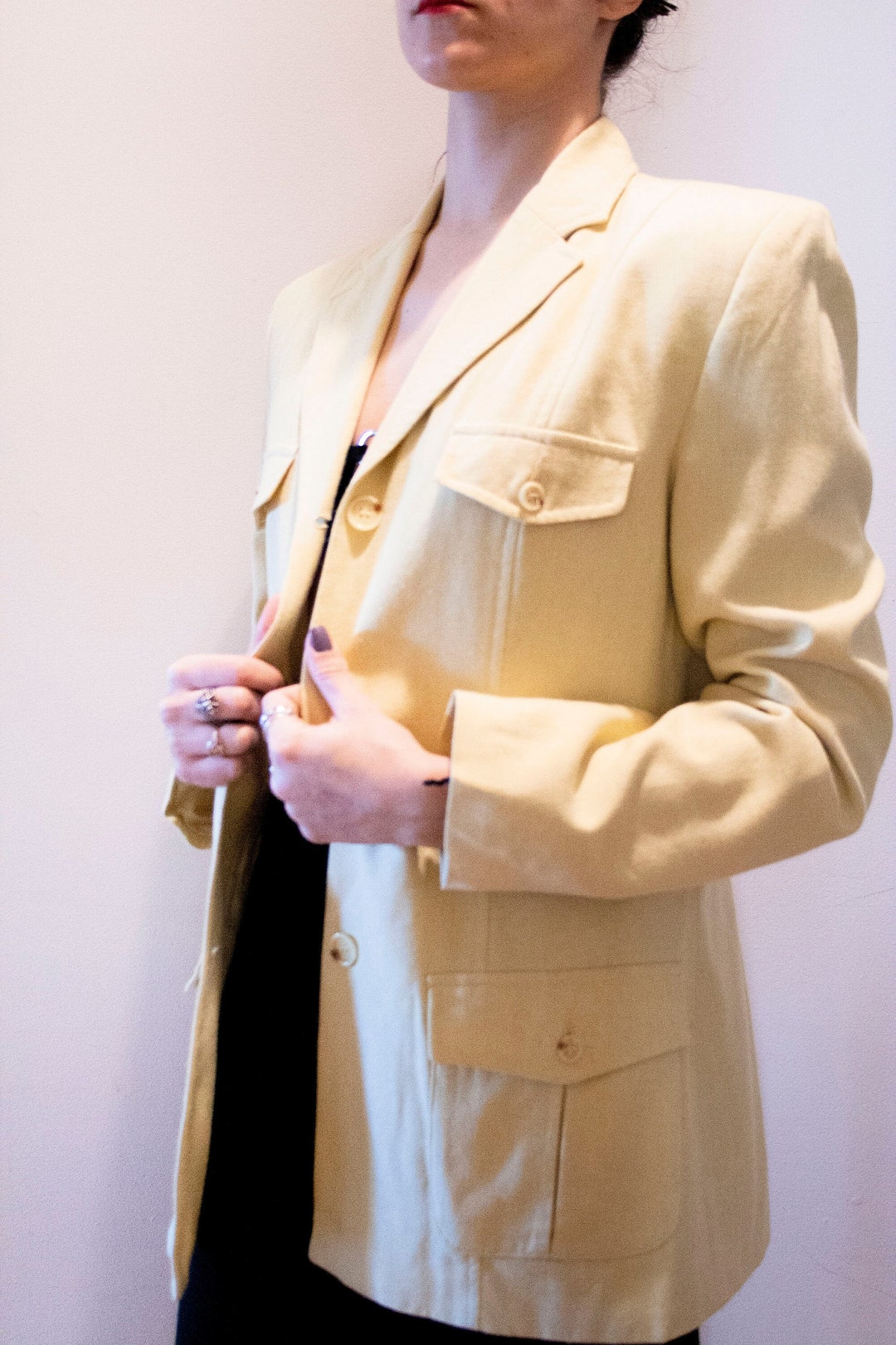 80s YELLOW LINEN BLAZER Pale Light Yellow Blazer Safari Jacket - Etsy