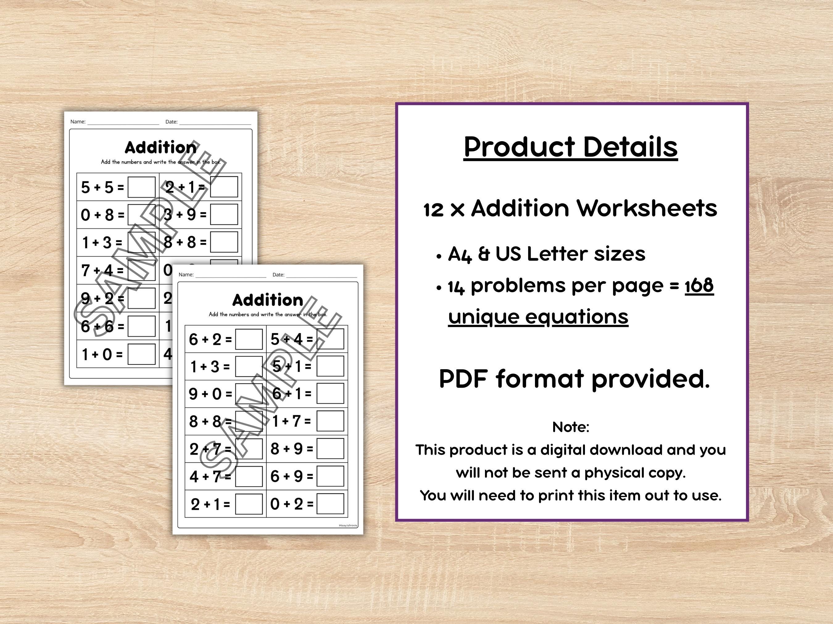 12 Addition Practice Worksheets for Elementary School (numbers 0-9 ...