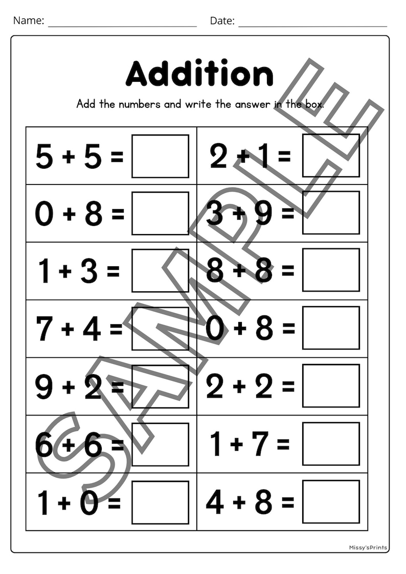 12 Addition Practice Worksheets for Elementary School (numbers 0-9 ...