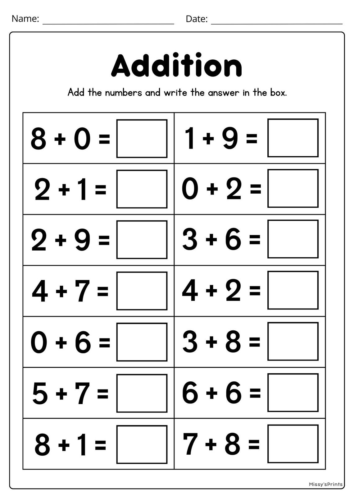 12 Addition Practice Worksheets for Elementary School (numbers 0-9 ...