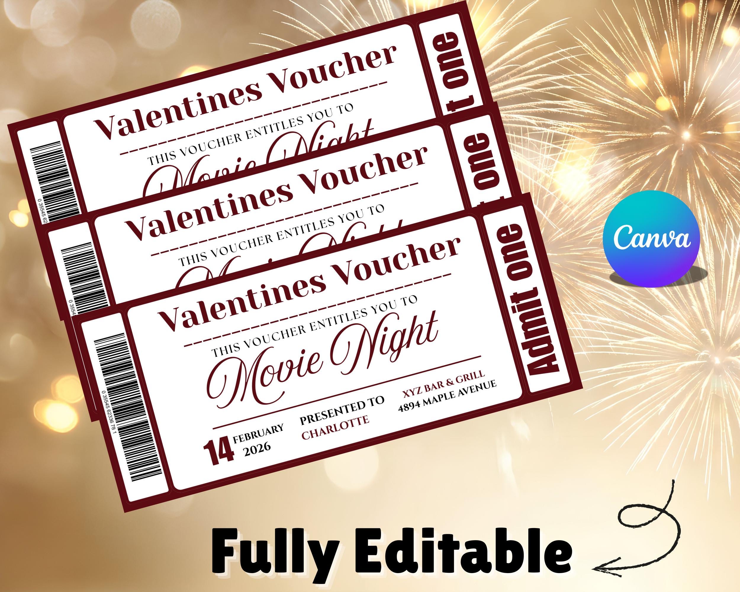 Valentine Day Voucher Ticket Template, Valentines Voucher Movie Night ...
