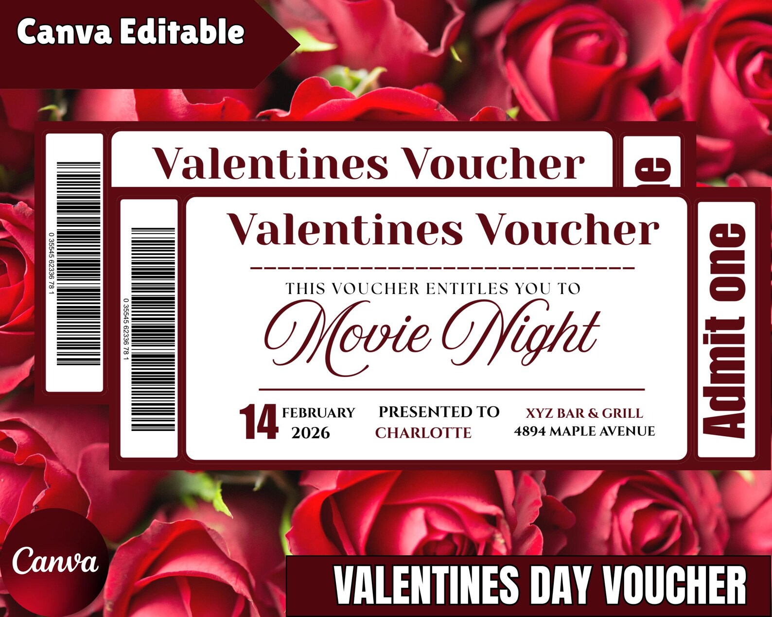 Valentine Day Voucher Ticket Template, Valentines Voucher Movie Night ...